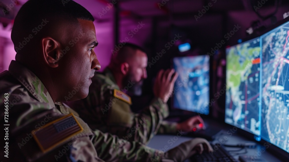 US military officers looking at a computer screen during a command and ...