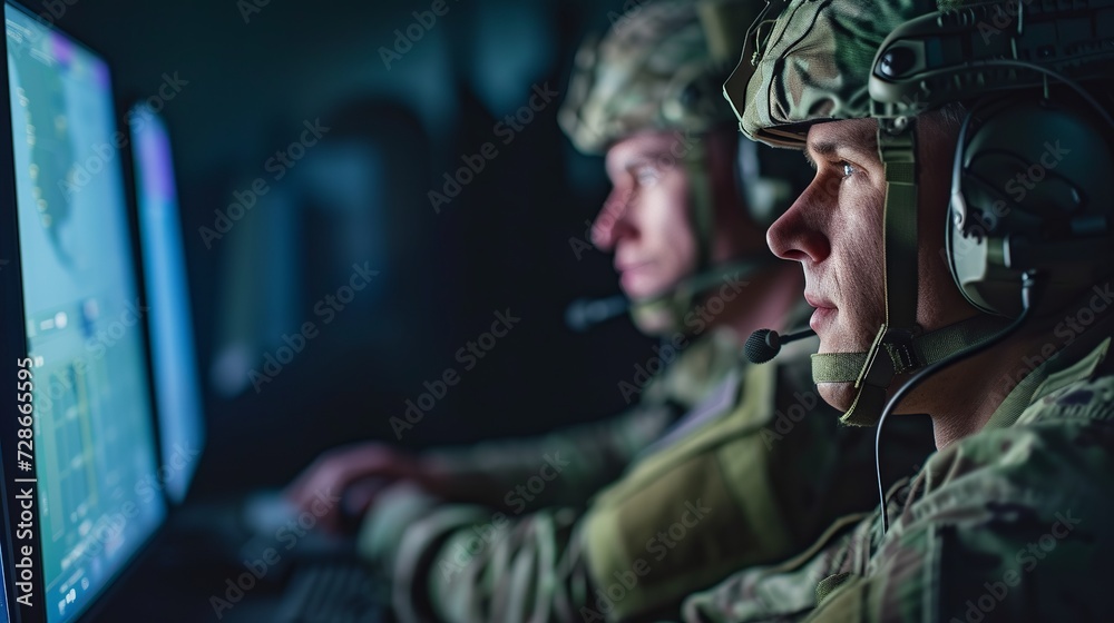 US military officers looking at a computer screen during a command and ...