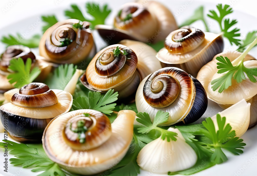 Cooked Escargots De Bourgogne snails with garlic butter and parsley on ...