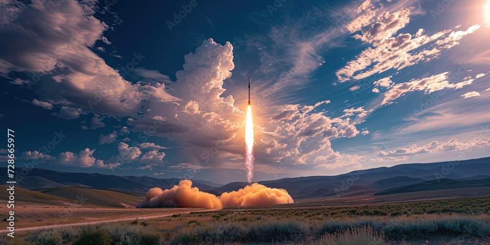 Rocket launching from launchpad. Shuttle has a trail of fire behind it ...