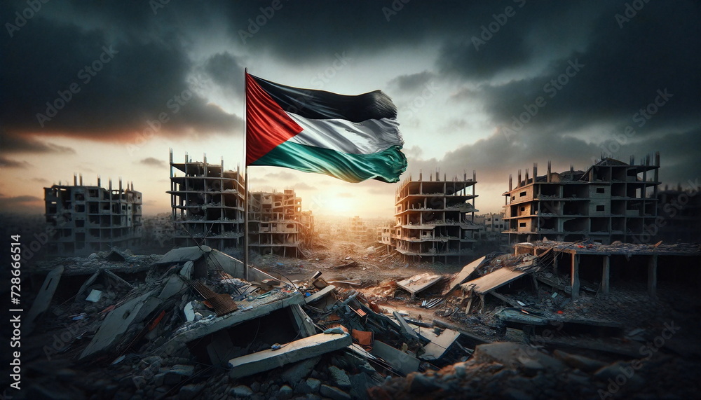 Palestinian flag in the rubble of a city Stock Photo | Adobe Stock