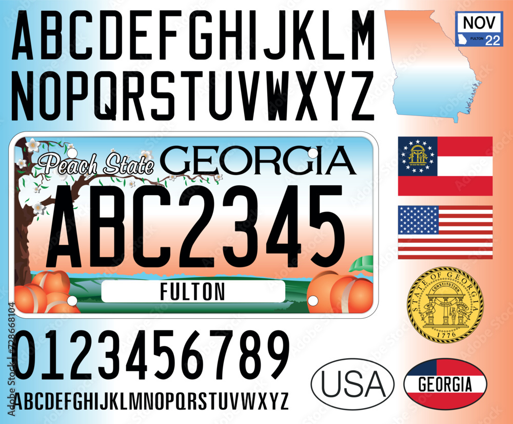 Georgia US state car license plate pattern, letters, numbers and ...