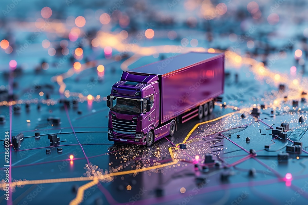 A detailed GPS illustration captures an orange container truck ...