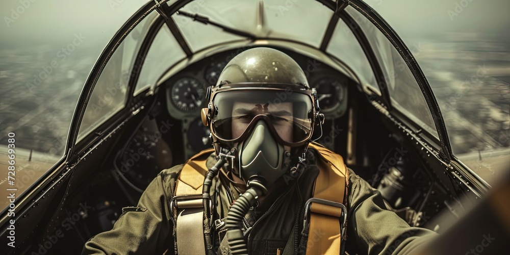 Fighter pilot in the cockpit of his jet flying in the sky at subsonic ...