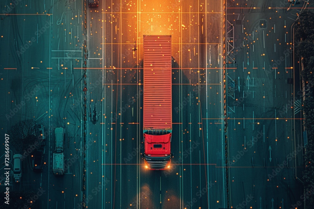 A detailed GPS illustration captures an orange container truck ...