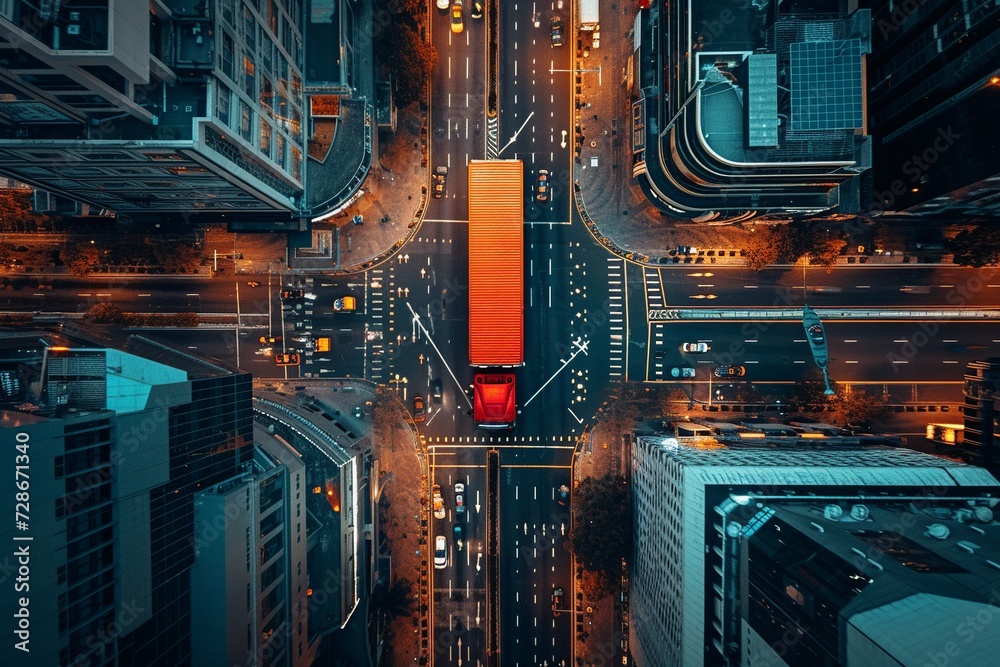 A detailed GPS illustration captures an orange container truck ...