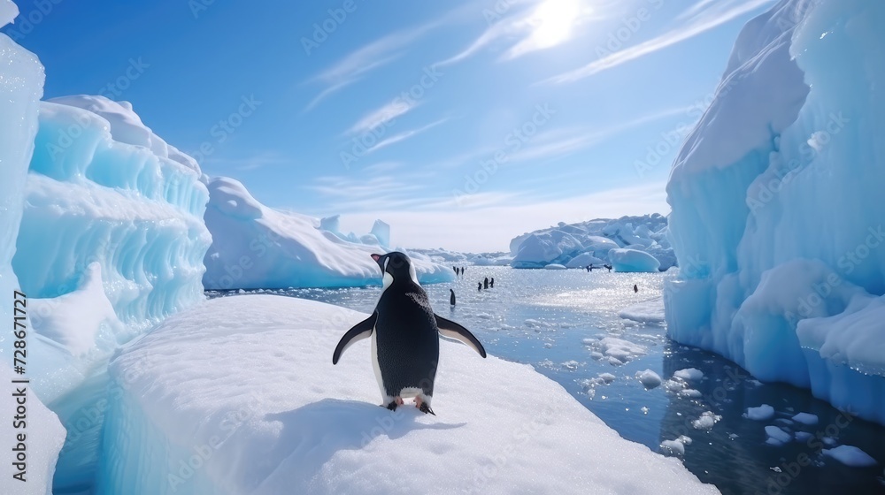 Penguins line up to slide down an iceberg in the Antarctic, fish eye ...