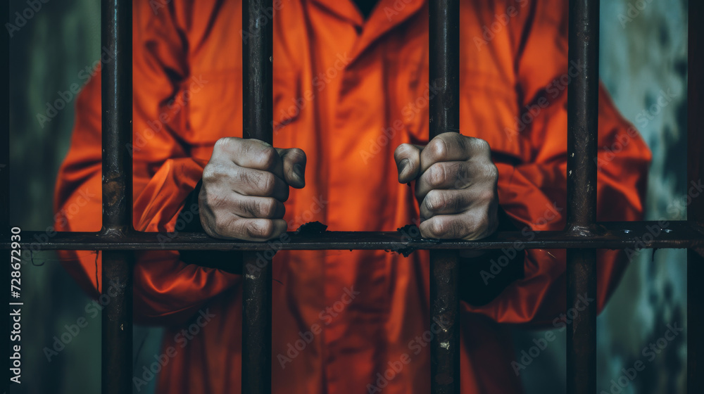 person's hands grasping the bars of a prison cell, dressed in an orange ...
