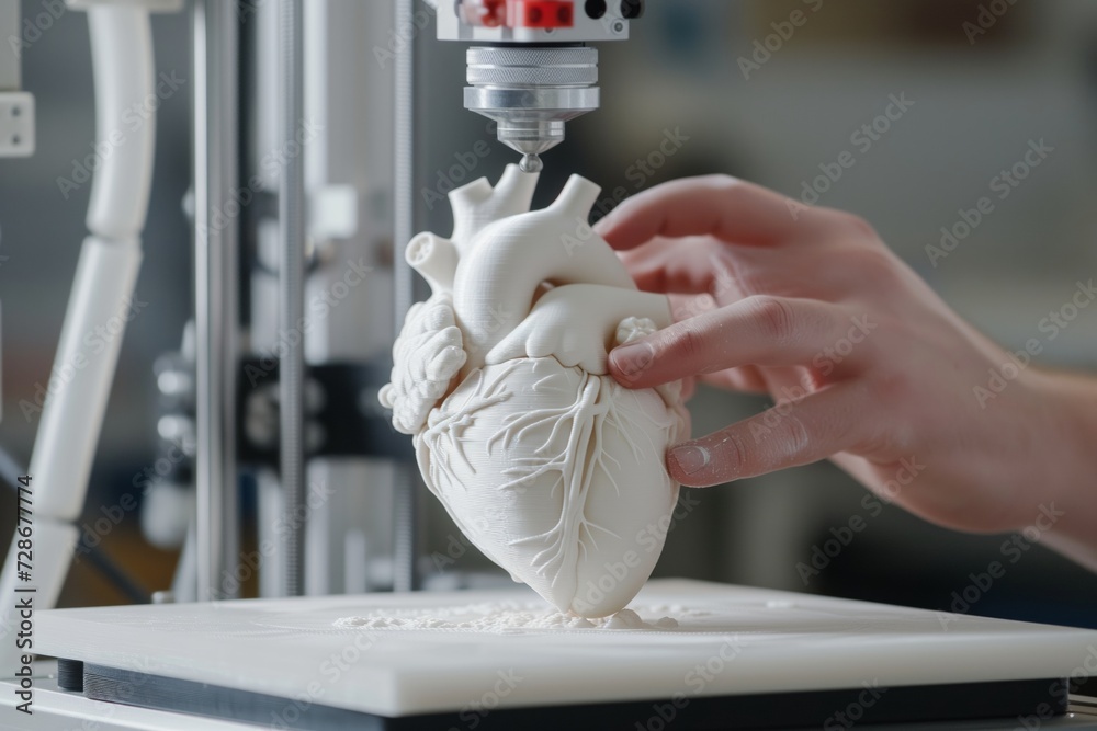 A detailed 3D printed model of a human heart is being inspected by a ...