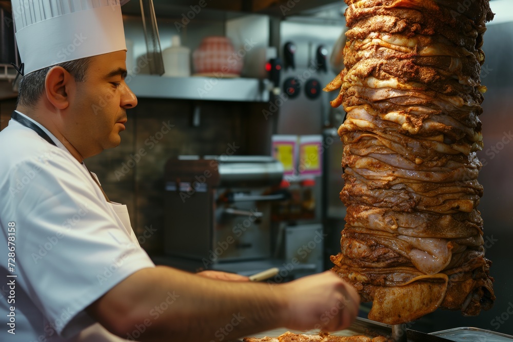 Chef in a traditional white uniform and tall chef's hat is carefully ...
