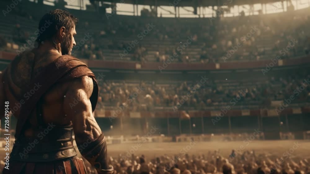 Muscular gladiator in the setting of a Roman circus within a colosseum ...