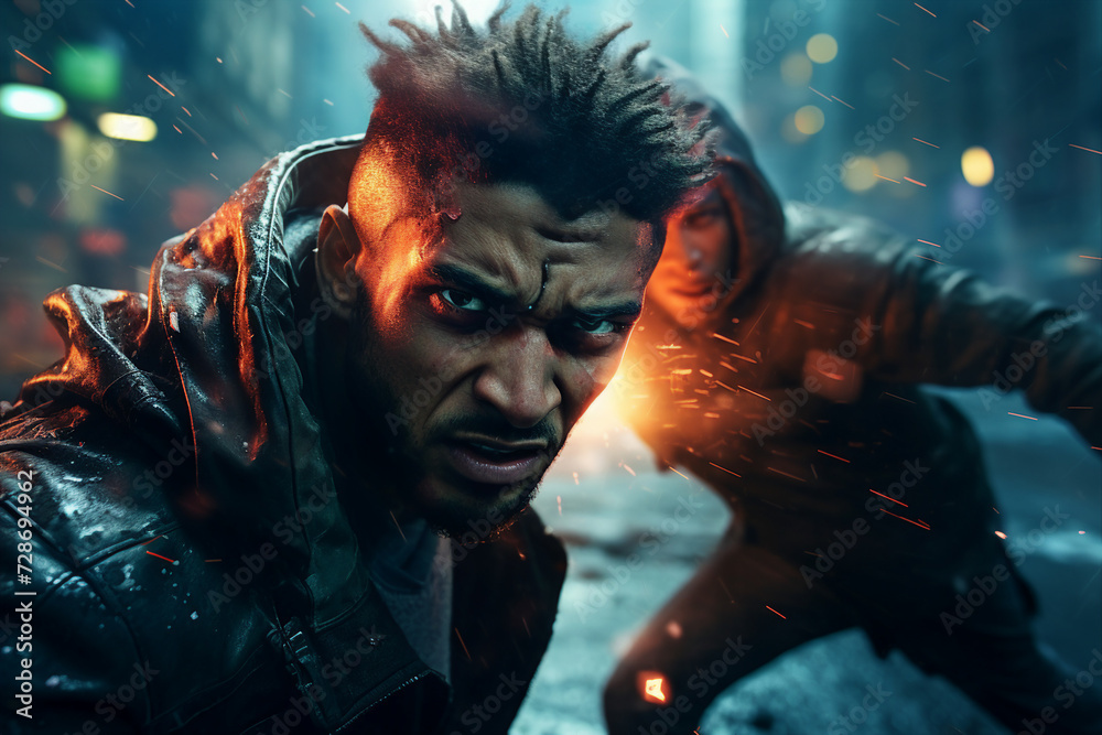 Ai generated picture image of male cyborg personage in a cyberpunk city ...