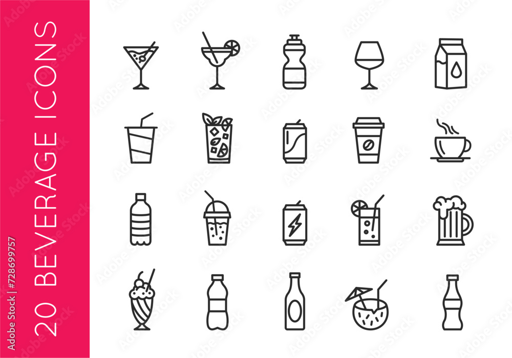 Vetor de Beverage icons, Set of 20 minimal icons. Alcohol and non ...