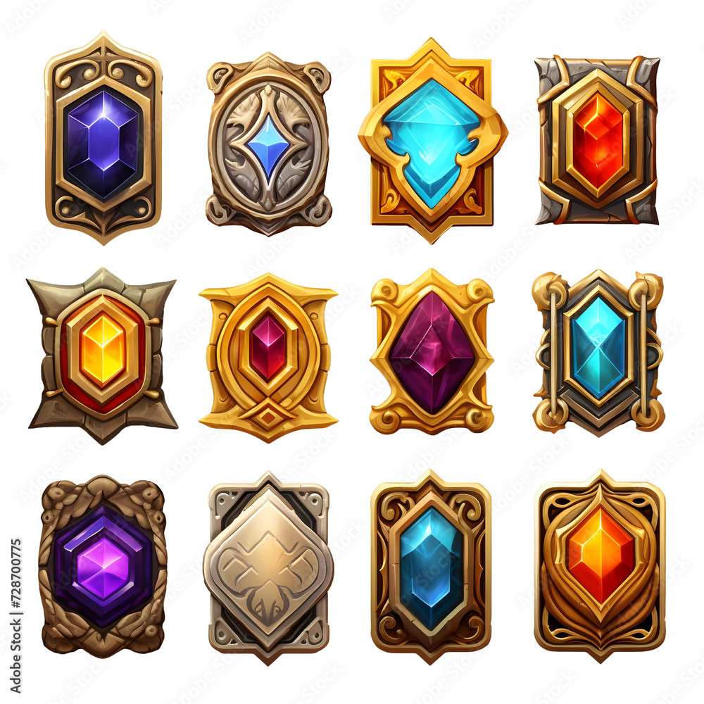 Game precious stones in metal frames in medieval-style badges and ...
