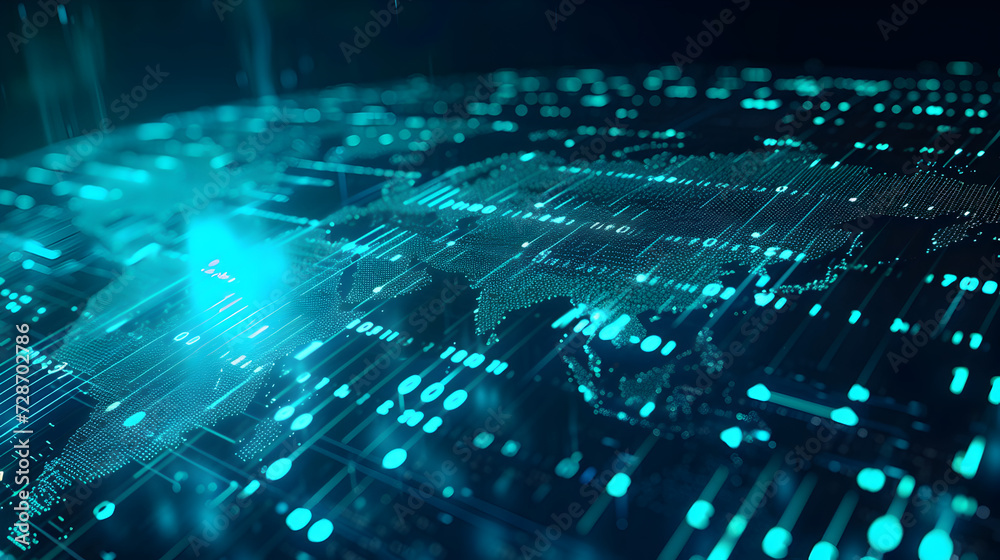 Binary code streams across a futuristic world map, embodying the ... Binary code streams across a futuristic world map, embodying the ...
