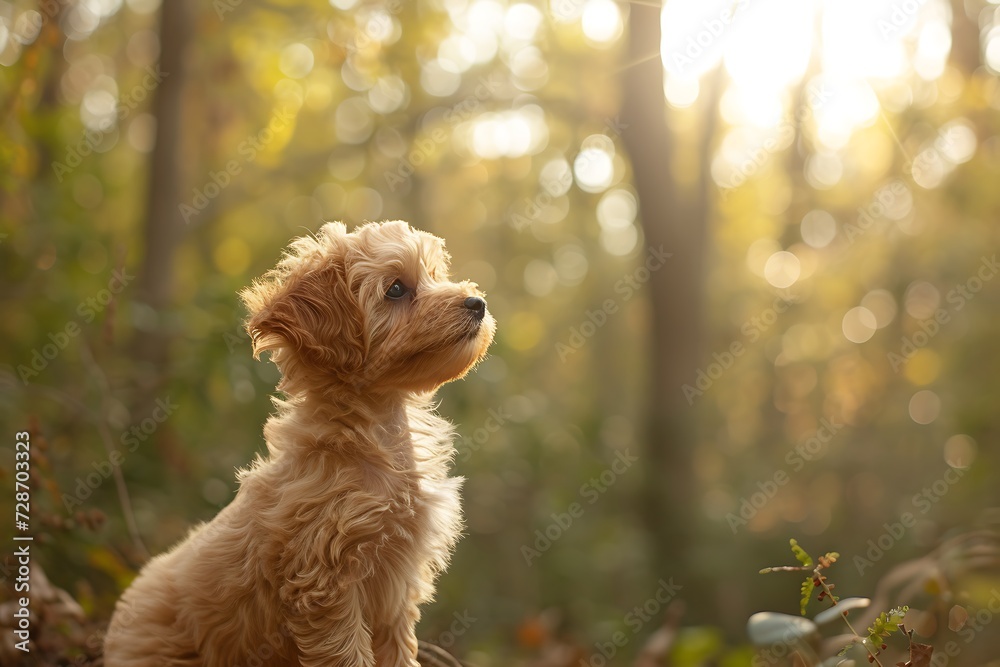 Maltipoo dog puppy standing while looking out into the woods, light ...