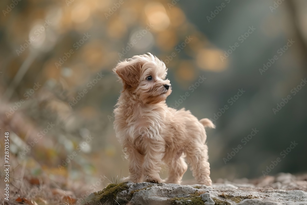 Maltipoo dog puppy standing while looking out into the woods, light ...