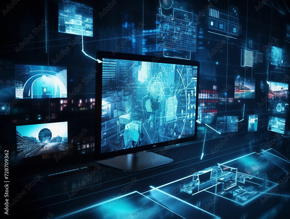 wide banner of security CCTV cameras and guard monitoring screen hud UI ...