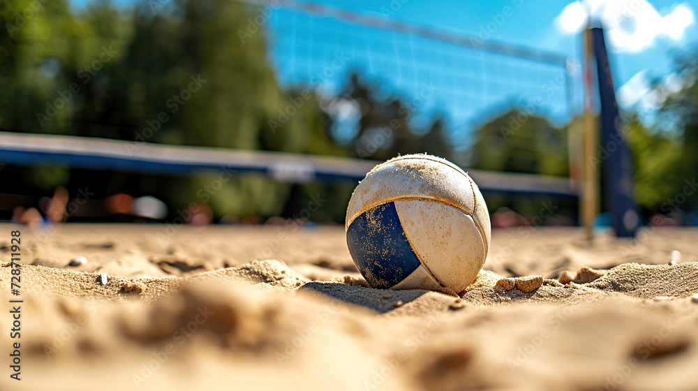An old worn volleyball on the sand near the volleyball net under a ...