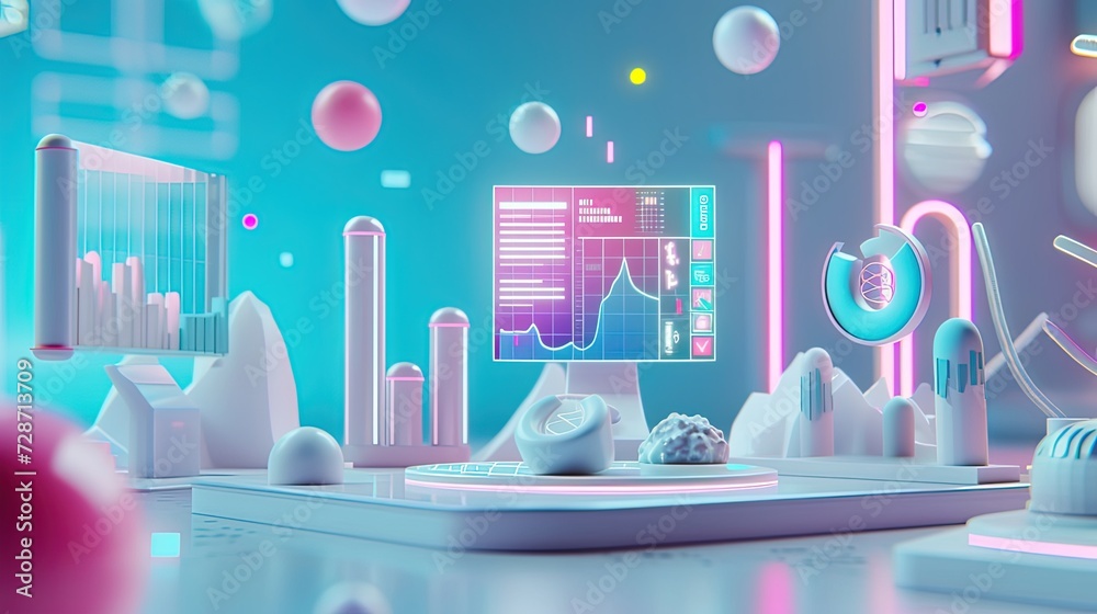 A vibrant 3D of a futuristic data analytics dashboard surrounded by abstract geometric shapes ...