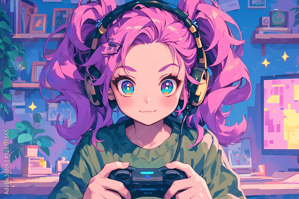Pixel art style amine teenager girl play with gamepad in vide game ...