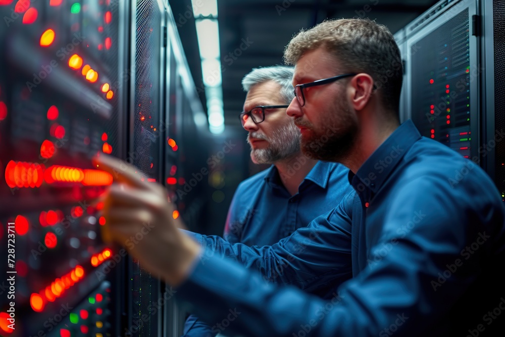 Focused Professionals Analyzing Server Racks in a Modern Data Center ...
