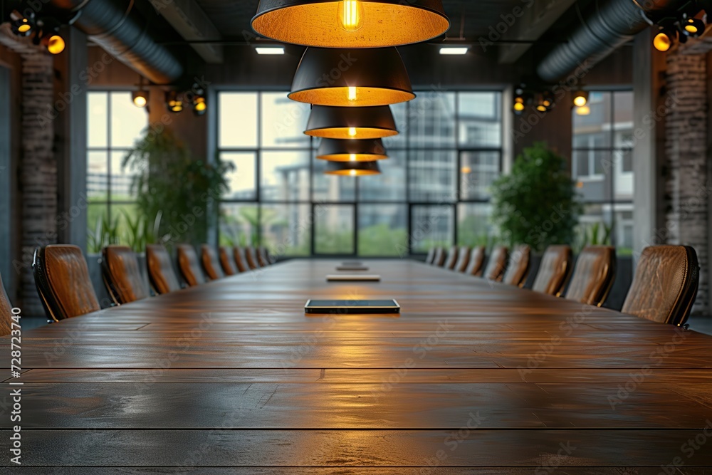 Contemporary Collaboration Empty Wooden Conference Meeting Table in a ...