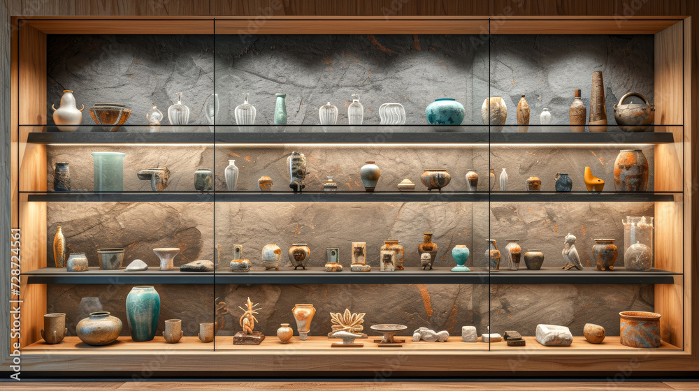 Archaeological biblical finds on a museum display shelf ancient works ...