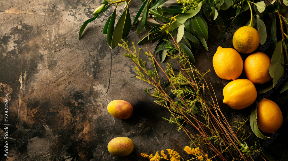 celebration of the Jewish holiday of Sukkot, etrog, date palm shoot ...