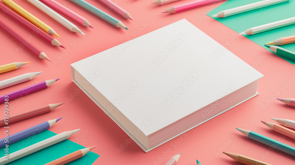 Blank Coloring Book Mockup with Colored Pencils. Top view. Early ...