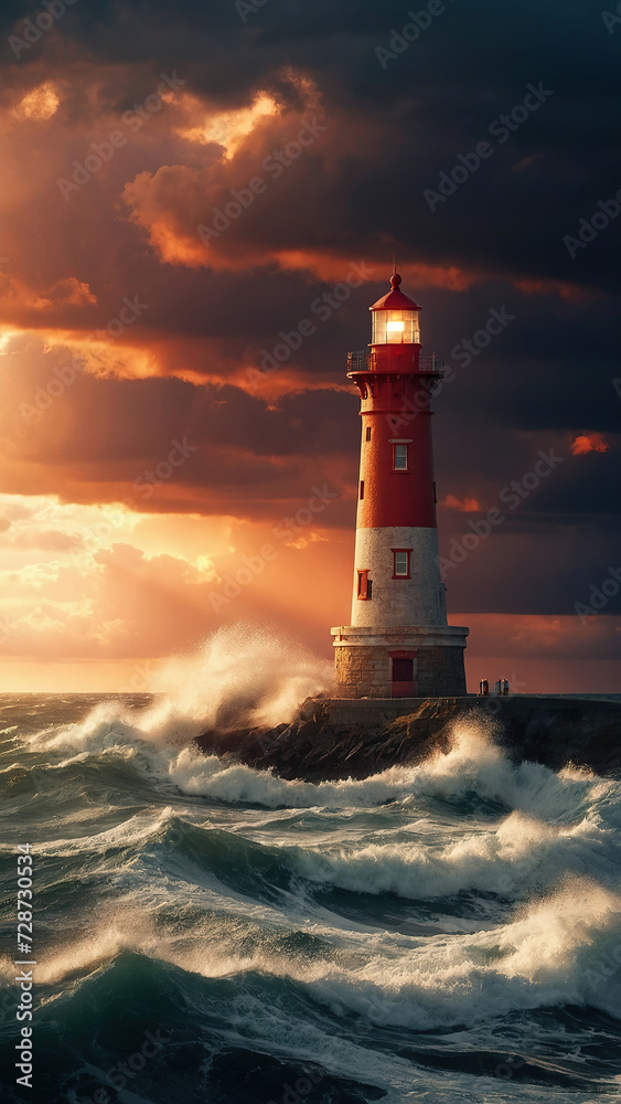 Lighthouse on the seaside, stormy sea with thunderclouds, the ...