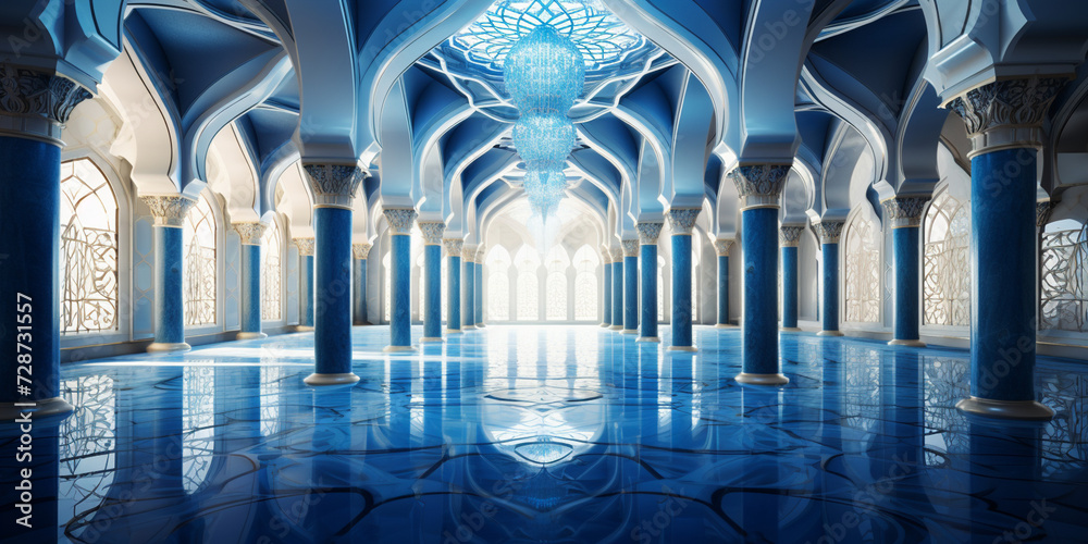 A beautiful mosque interior with blue color, Islamic architecture ...