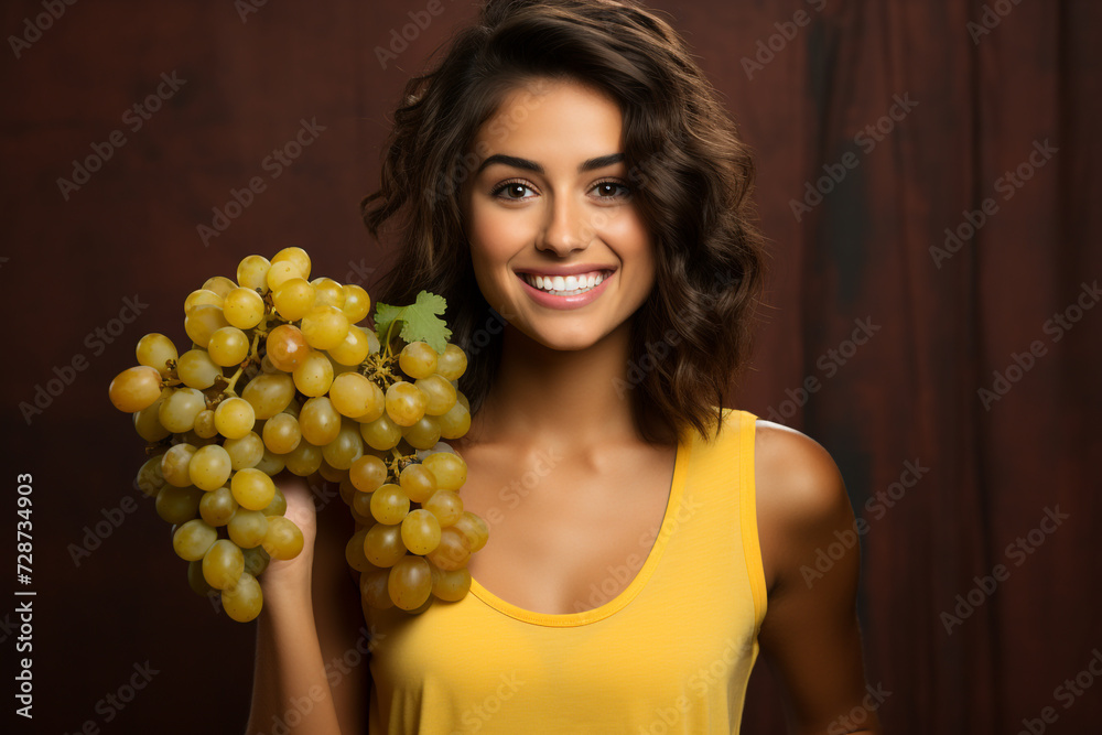 illustration of young beautiful cheerful woman with fruits. Grapes ...