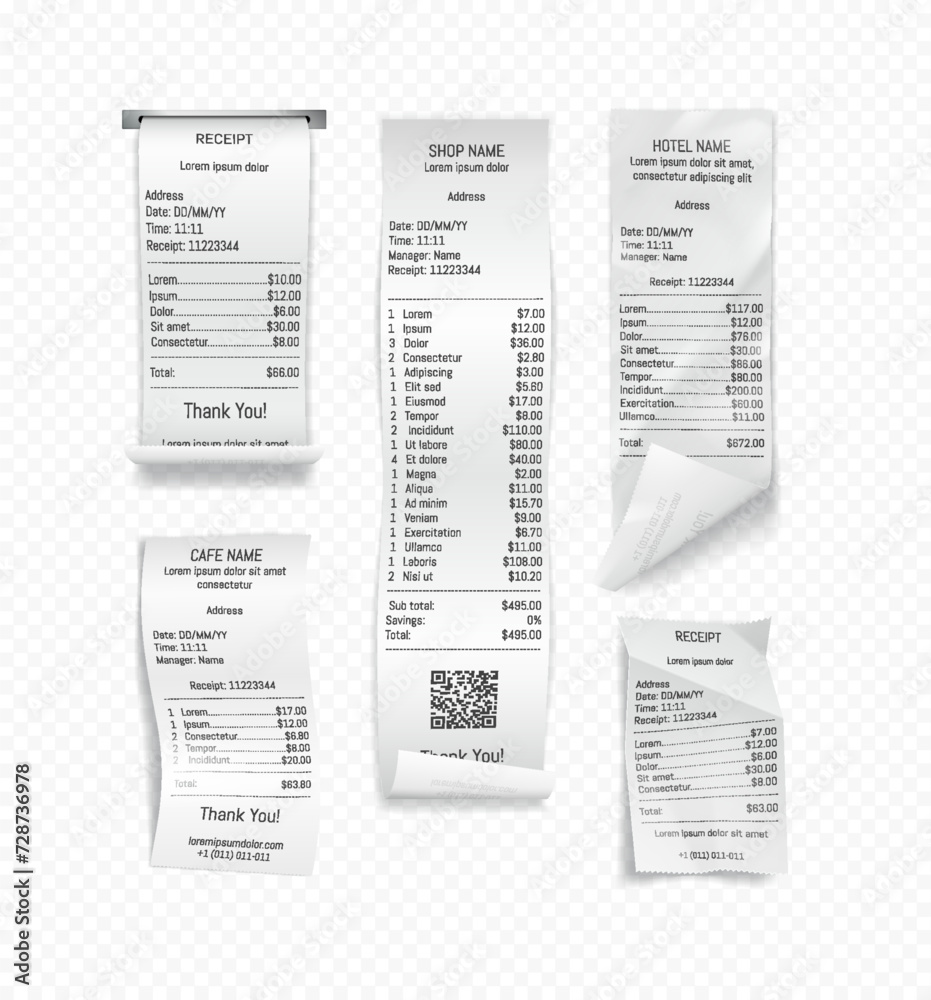 Customer payment bills realistic vector illustration set. Receipts from ...