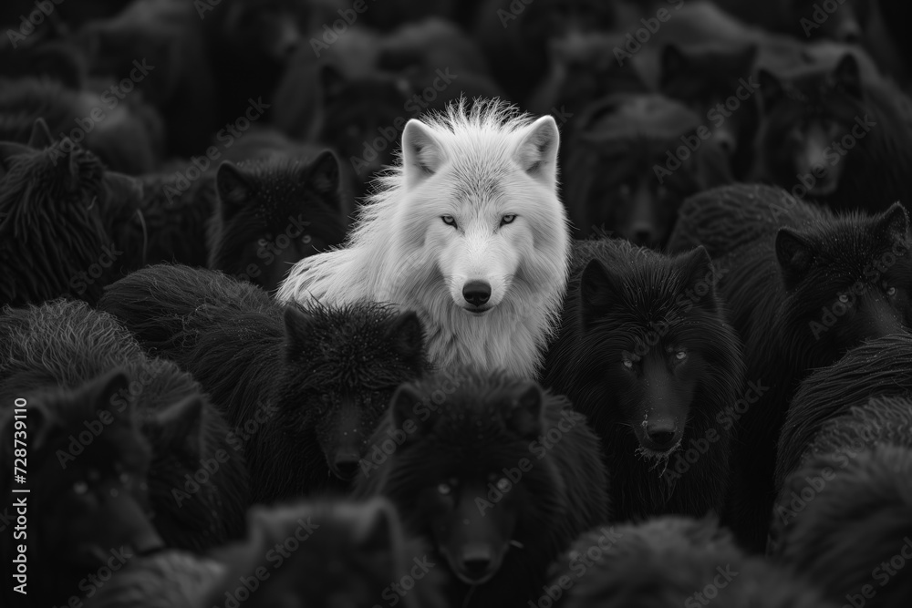 White wolf commands attention as the sole contrast in a pack of black ...