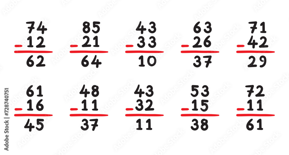 subtraction exercises in math. subtraction examples. hand drawn ...