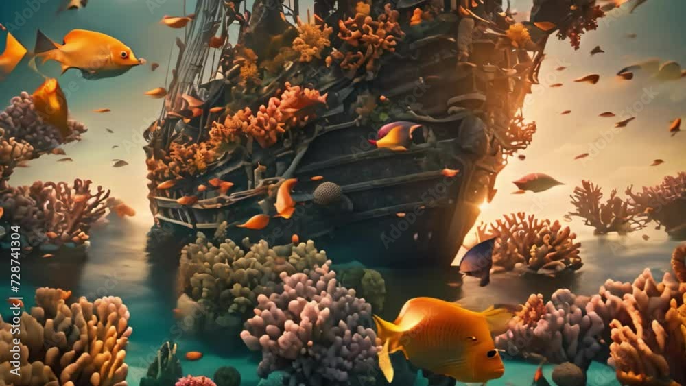 A Painting of a Ship Surrounded by Corals and Fish, A vivid underwater ...