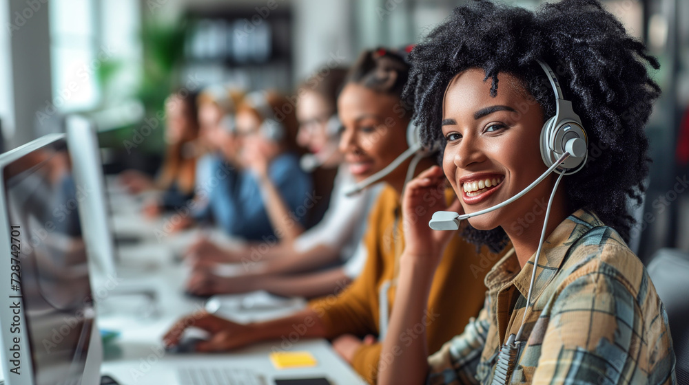 Call center employees wearing headset using computer, busy service phone operators sitting at ...