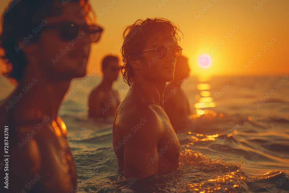 A group of beachgoers enjoying the sun, captured in silhouette against ...
