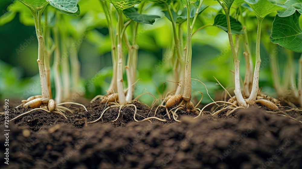 Roots with leaves of fresh soy. Germinated soybean sprouts in the soil ...