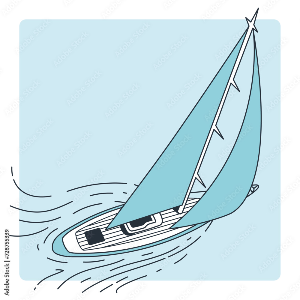 Line illustration of a sailboat sailing through the sea with blue tone ...