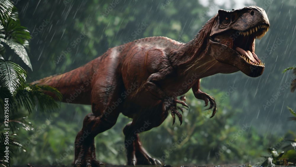 Le T-Rex déchaîne sa furie au cœur de la jungle, une silhouette ...