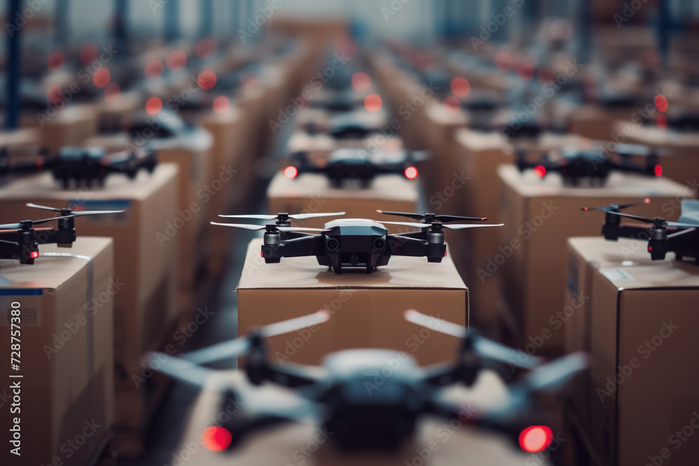 An expansive production line of FPV drones, each precisely placed on ...