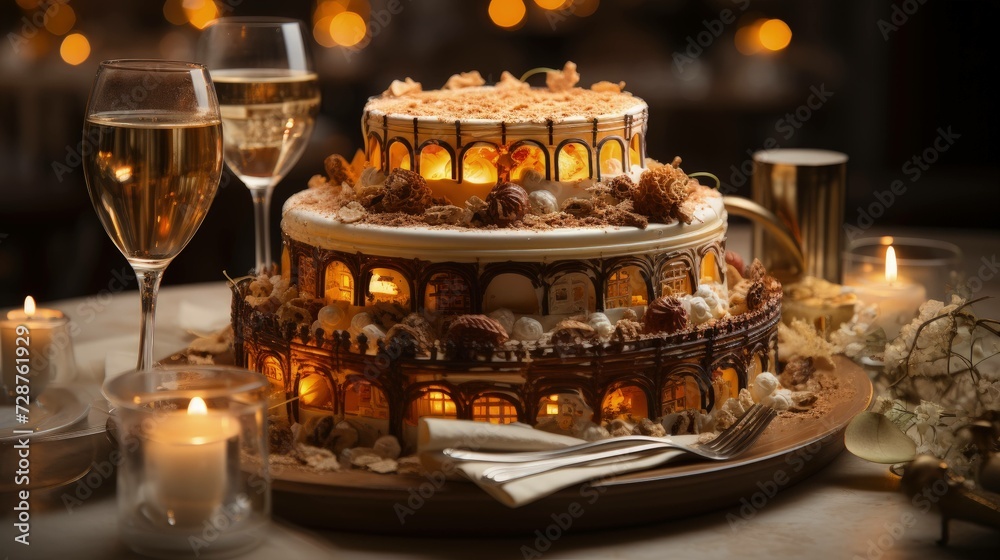 an intricately designed cake masterpiece, capturing the iconic ...