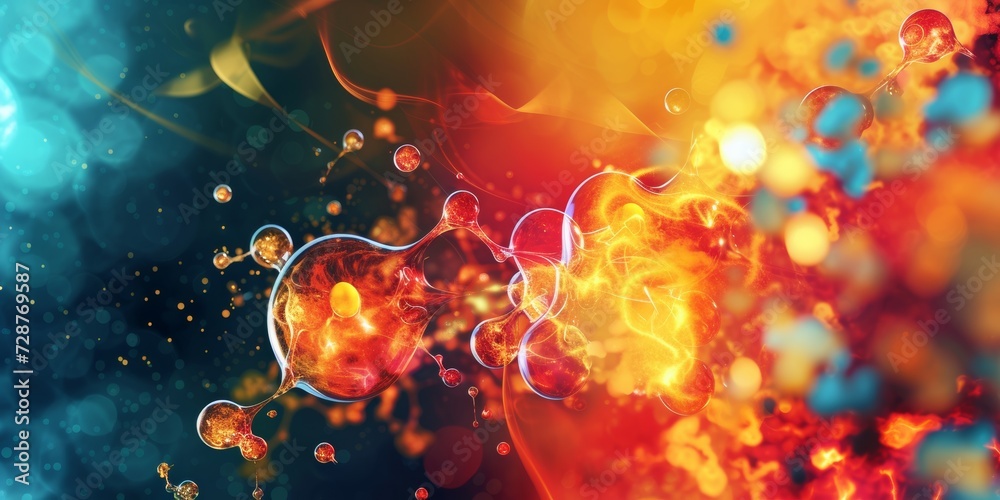 Molecular fusion, with abstracted atomic structures merging and bonding ...
