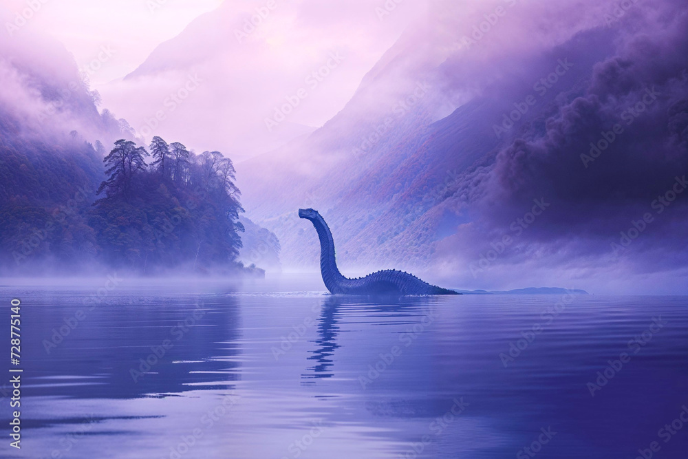 Nessie the Loch Ness Monster in purple foggy mist, Scotland, artist's ...