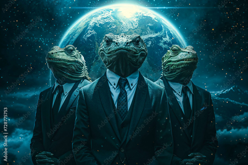 Three Lizard People in suits with the Earth in background, conspiracy ...