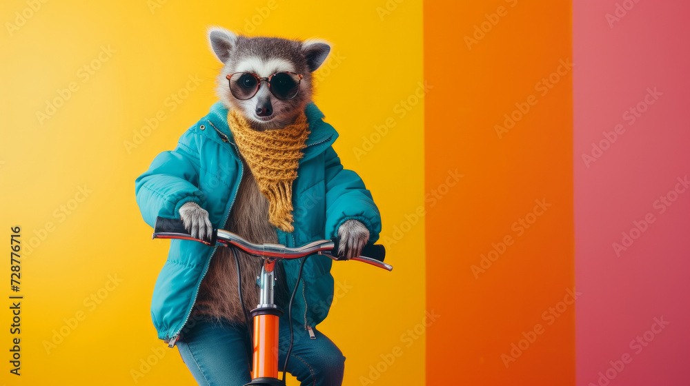 funny cute animals on a scooter. driving animals on a bright colored ...