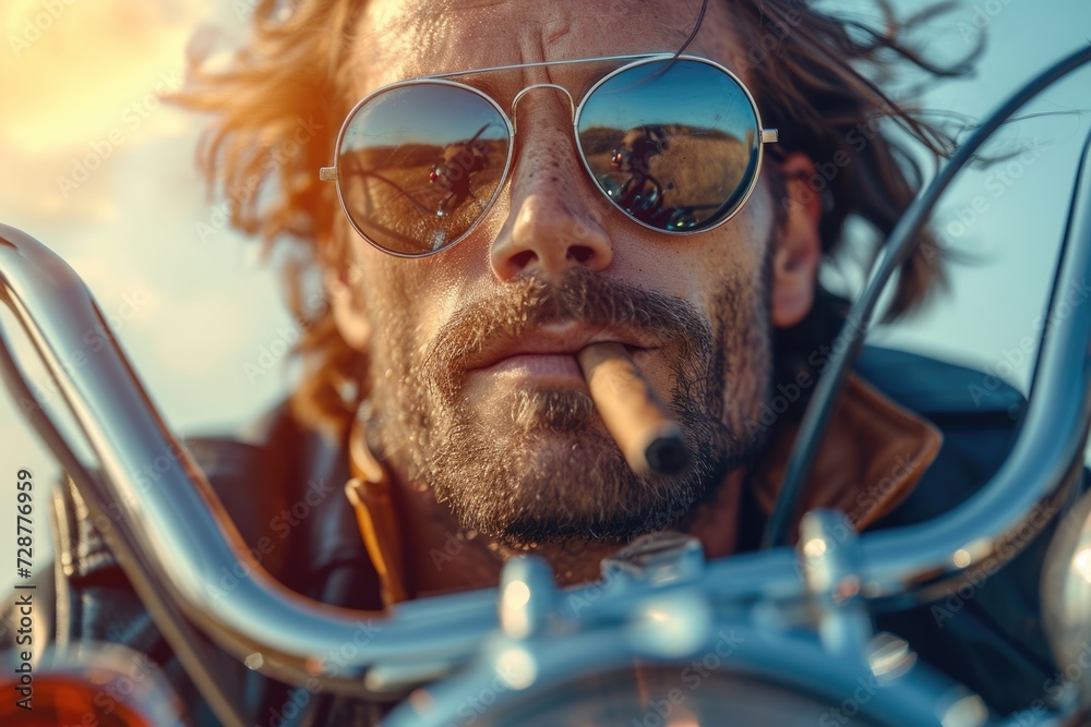 Portrait of a male biker, strength freedom, and individuality on the ...