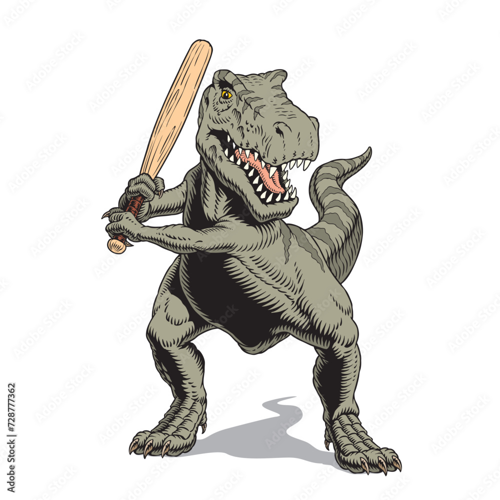 Dinosaur with baseball bat isolated on white background. Tyrannosaurus ...